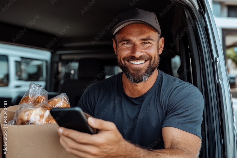 A friendly delivery man with a beard smiles while holding a box of ...
