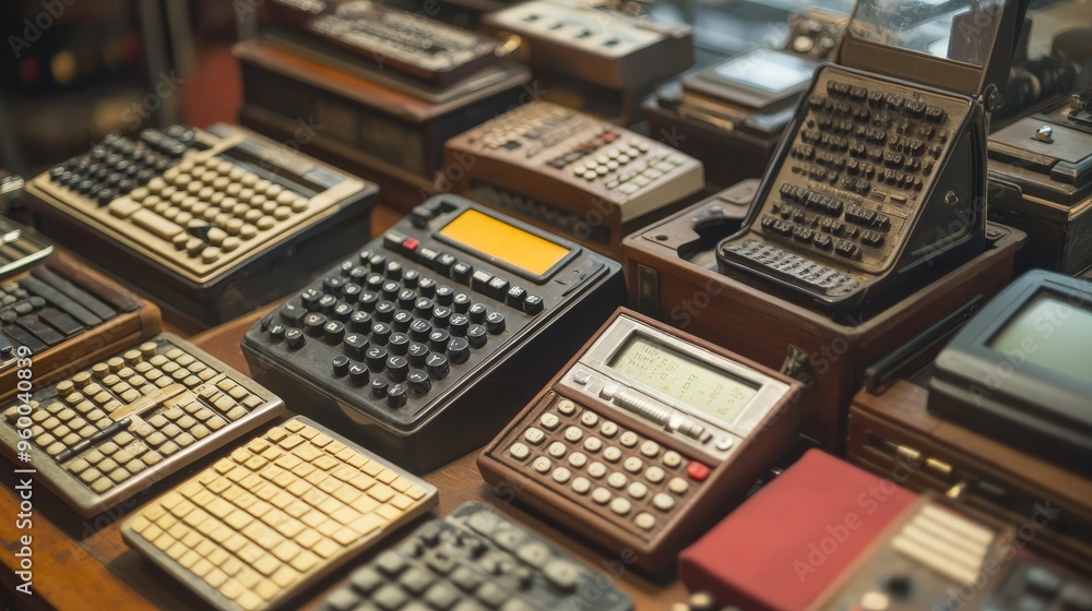 A collection of vintage calculators, including slide rules and early ...