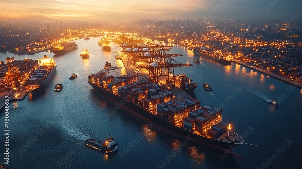 Global logistic network on a world map, with cargo ships unloading ...
