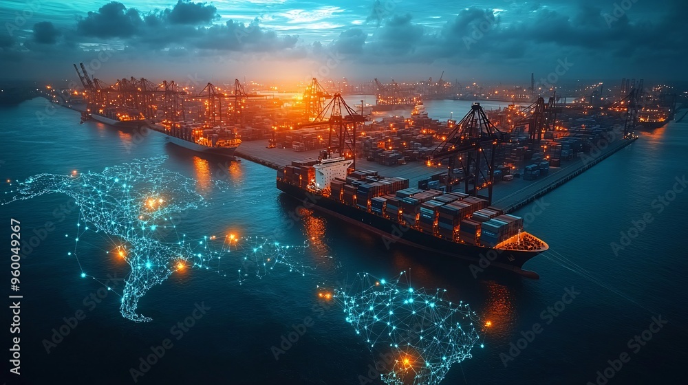 World map with interconnected logistic routes and cargo ships at a port ...