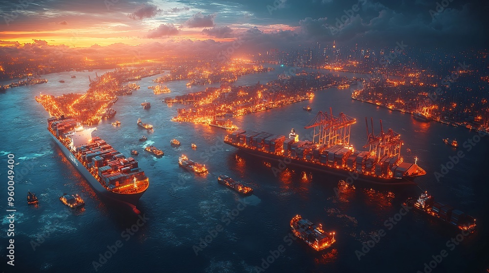 Global logistic network on a world map, with cargo ships unloading ...