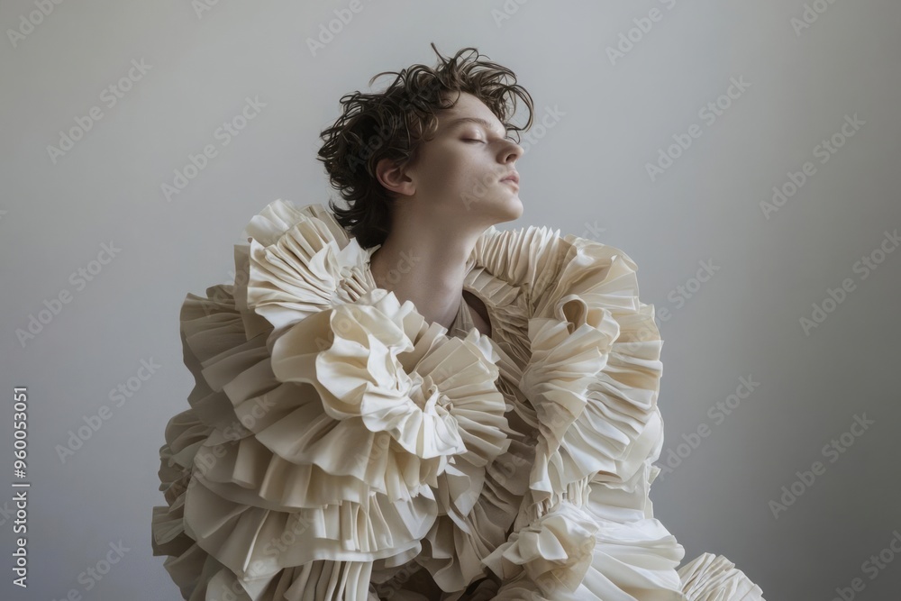 Fashion shoot, minimalist studio, nonconformist, atypical outfit, rare materials, bizarre ...