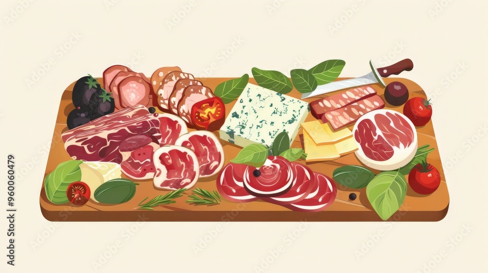 Scene of an antipasto platter with cured meats and cheeses flat design ...
