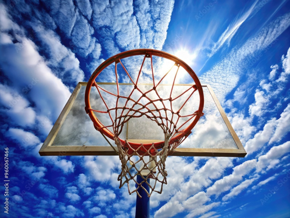Rim and net of a basketball hoop stands alone against a bright blue sky ...