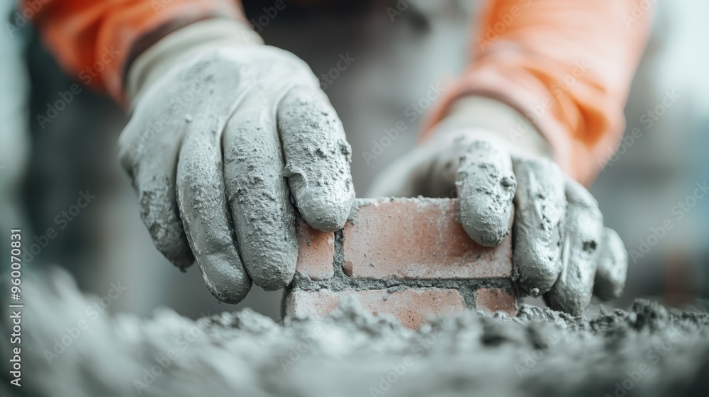 Gloved hands carefully positioning bricks with cement, illustrating the ...