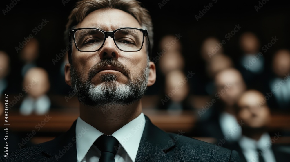 A serious man in a suit and glasses at a formal event, surrounded by ...