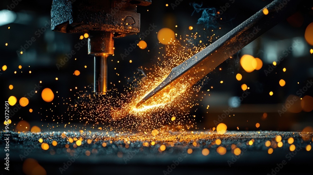 Extreme close-up of hot, flowing metal being cast into a sword-shaped ...