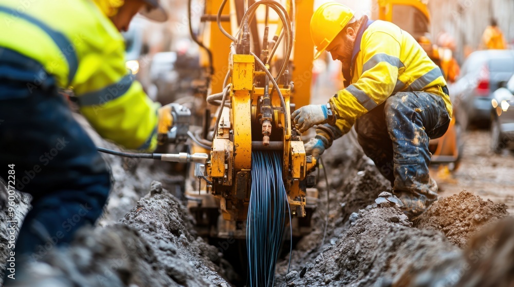 Two men in reflective work uniforms and hard hats using a trenching ...