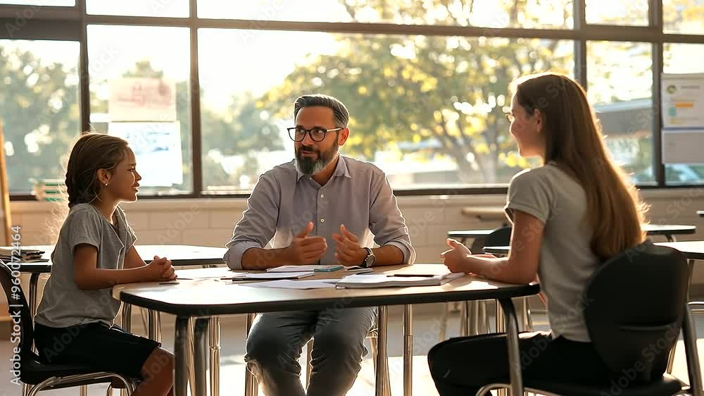 teacher and parents engaging in a warm conversation in a bright ...