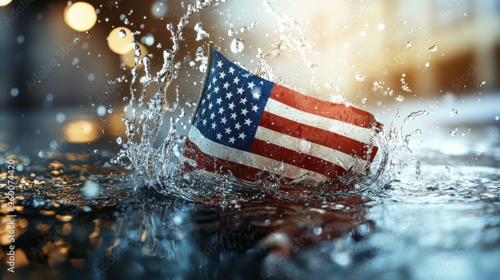 A realistic image of the American flag partially submerged and being ...