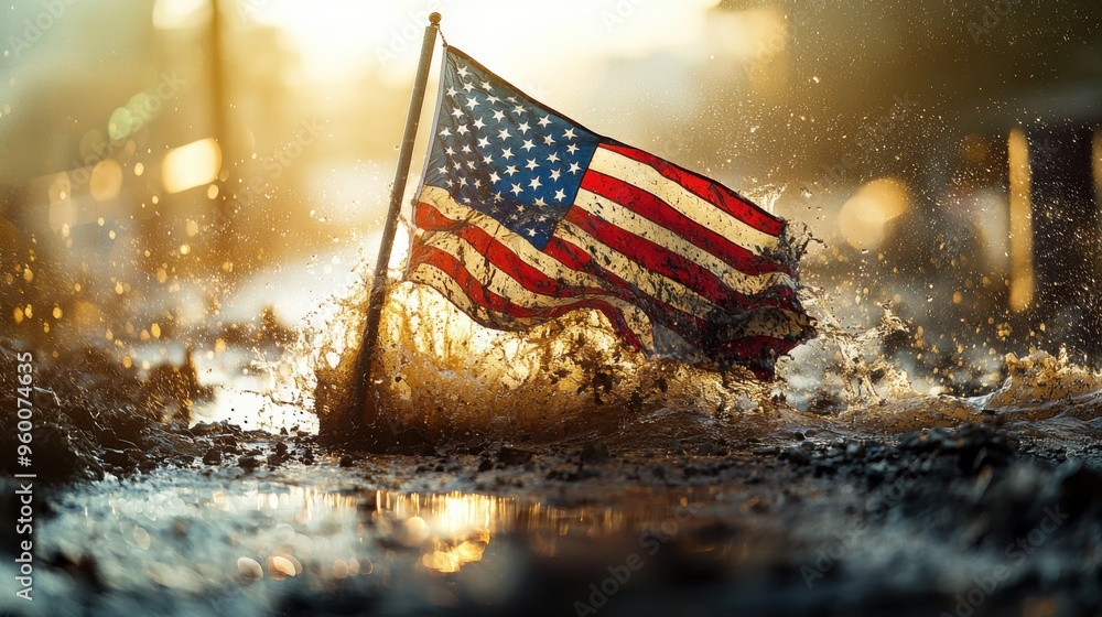A detailed view of the American flag being carried away by a strong ...