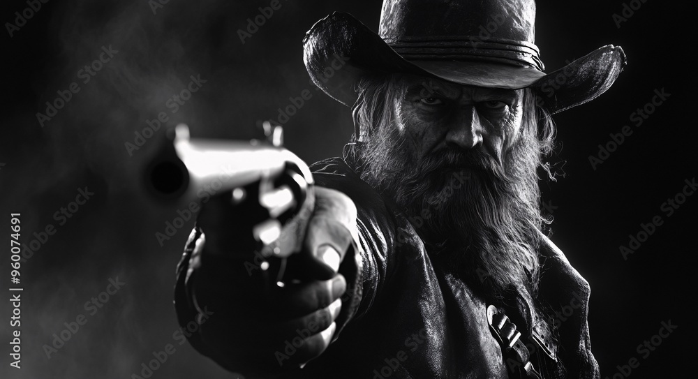 Black and White Cinematic Image of a Cowboy Pointing a Revolver in a ...