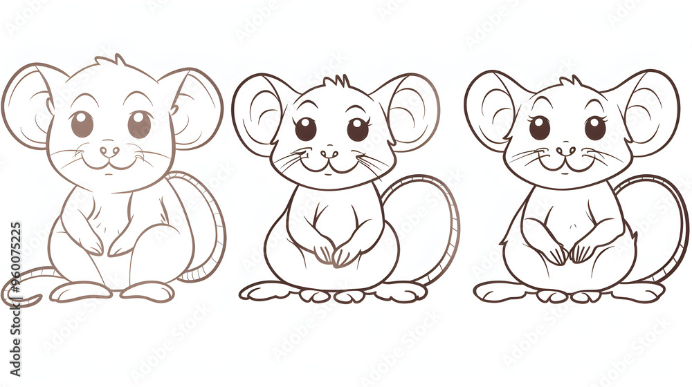 Adorable black and white cartoon illustration of three mice sitting ...
