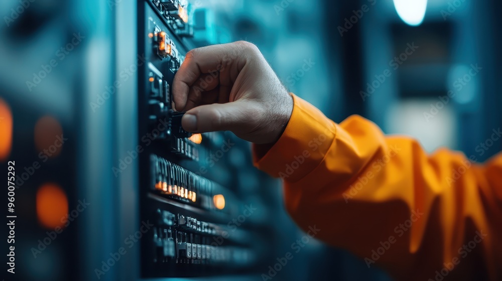 An engineer in an orange uniform is adjusting the control panel in a ...
