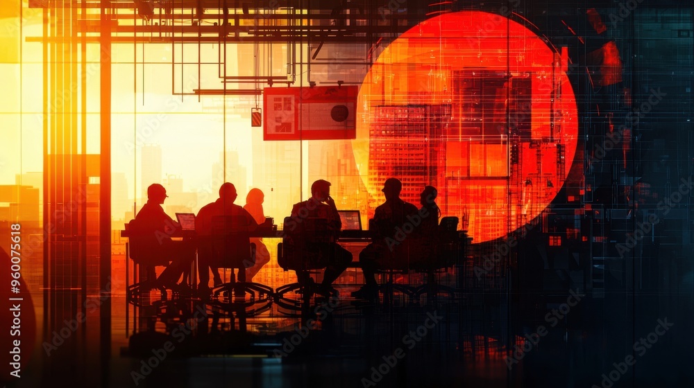 Illustrate a somber meeting room with laid-off factory workers seated ...