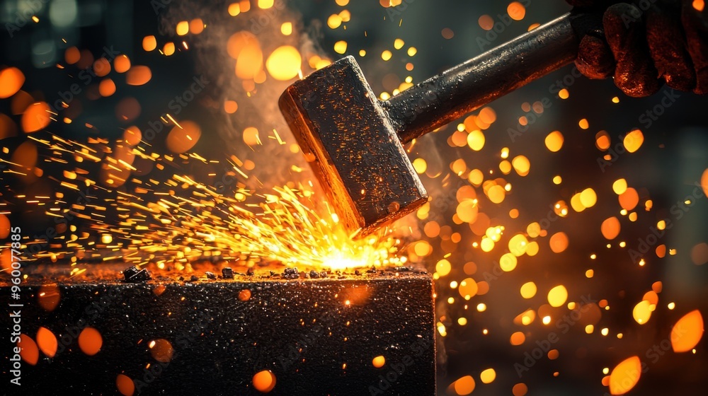 Detailed close-up of a hot metal ingot being hammered by a blacksmith ...