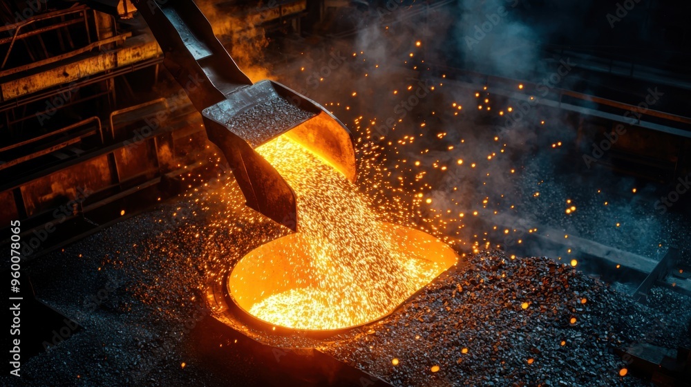 A high-resolution shot from above of a metal forging operation ...