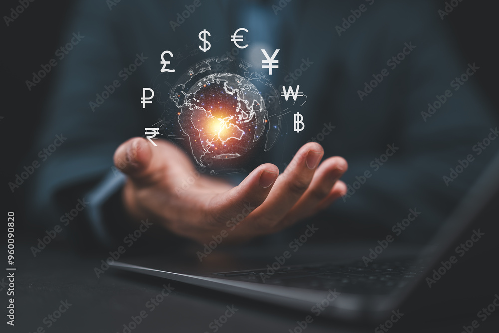 Online internet banking interbank payment concept. Man with virtual ...