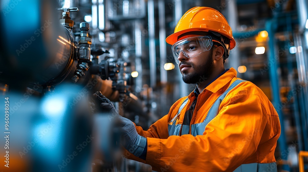 Technician Inspecting Gas Pipelines at Refinery: A refinery worker in ...