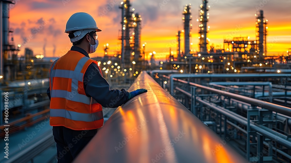 Technician Inspecting Gas Pipelines at Refinery: A refinery worker in ...