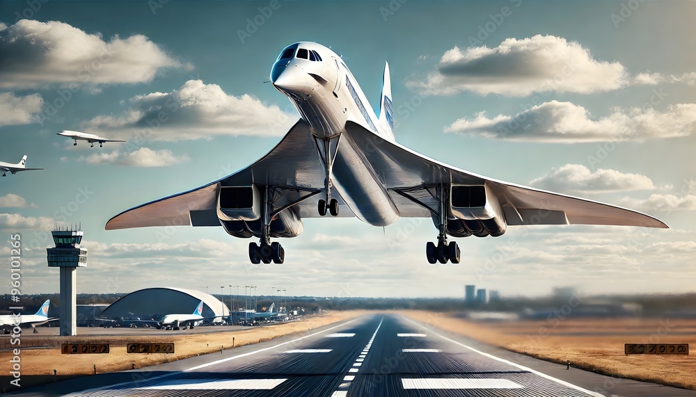 Concorde supersonic jet approaching the tarmac for landing, with its ...