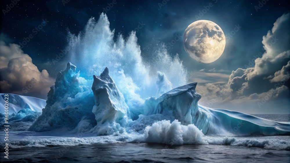 A massive iceberg crash-landing on a misty, moonlit ocean, with shards ...