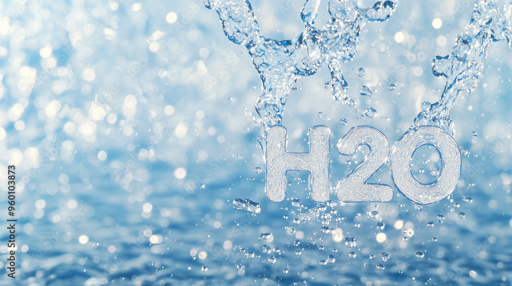 text "H2O" with a background of a blue water splash, representing the ...