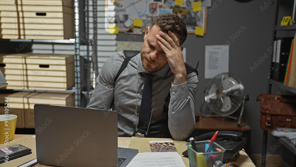 A stressed man with a beard sits at his cluttered detective office desk ...