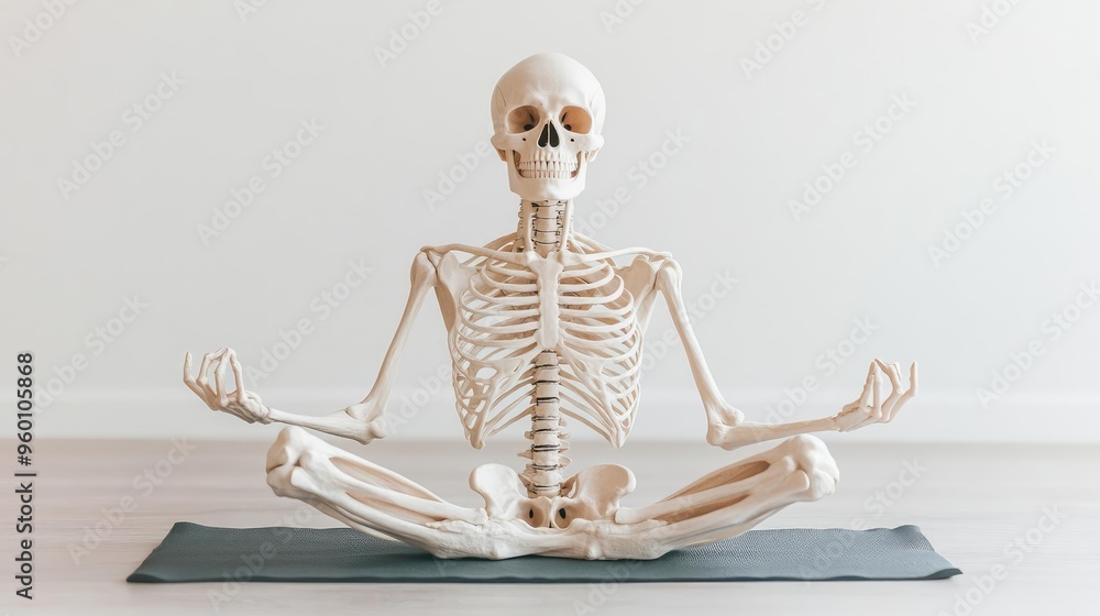 Skeleton in a yoga pose with a spotlight on weakened bones ...