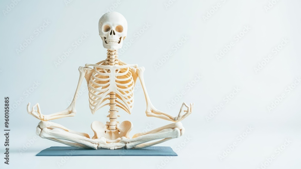 Skeleton in a yoga pose with a spotlight on weakened bones ...