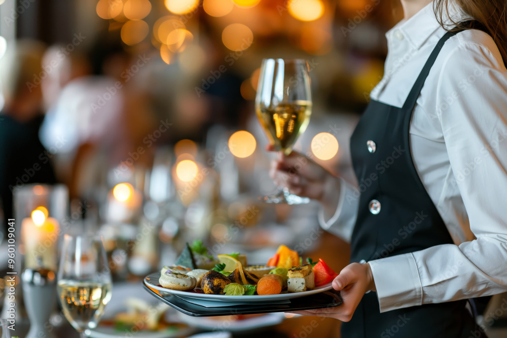 Waitress in a formal uniform carrying a tray with drinks and appetizers ...