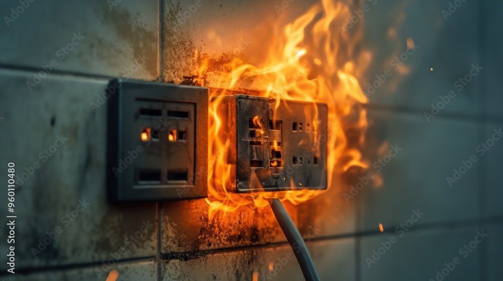 EU standard outlet with a burning electrical cord and a plug in a ...