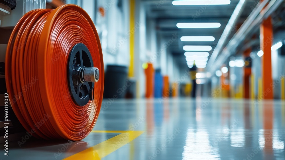 High-key image of a fire hose reel in a modern industrial setting ...