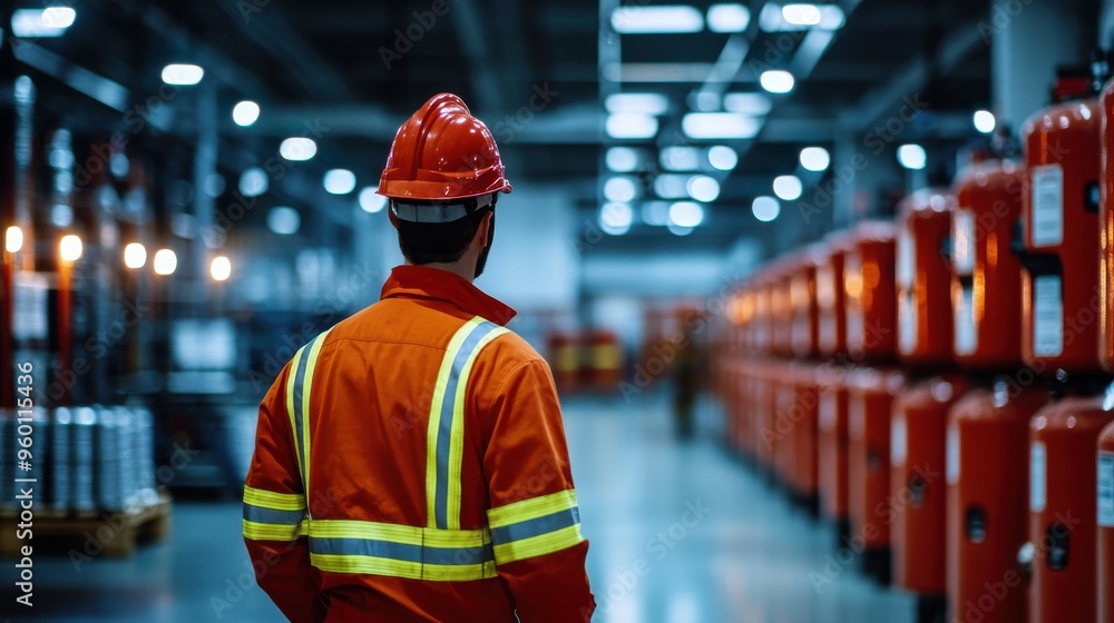 Fire safety officer in a high-key image, inspecting a modern industrial ...