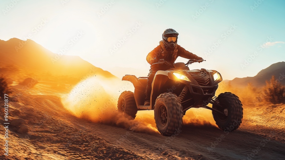 An adventurous individual driving an ATV through a dusty desert with ...