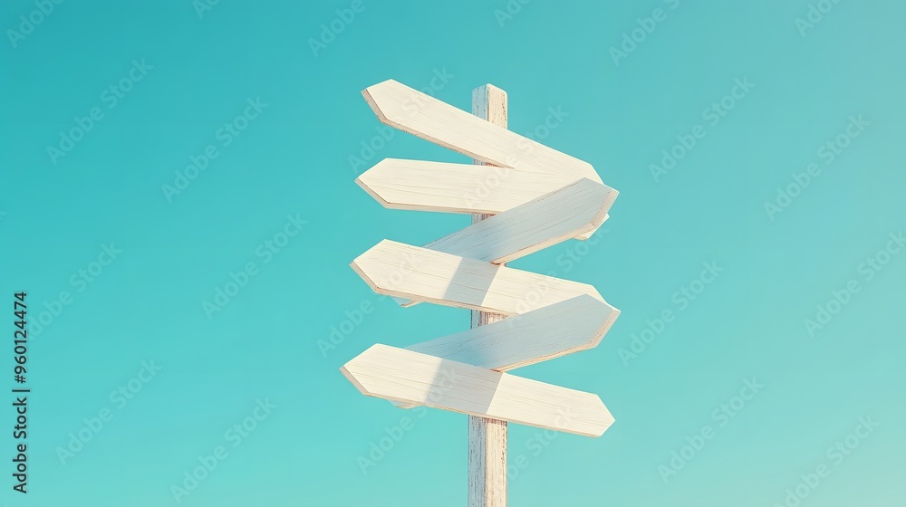 White wooden directional sign post, multiple blank arrows, clear blue ...