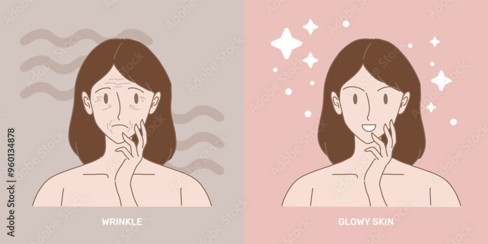 Face of woman with skin problem compare with healthy skin. Girl ...