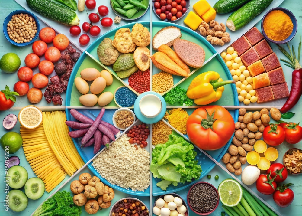 Vibrant illustration of a nutritional chart categorizing various foods ...