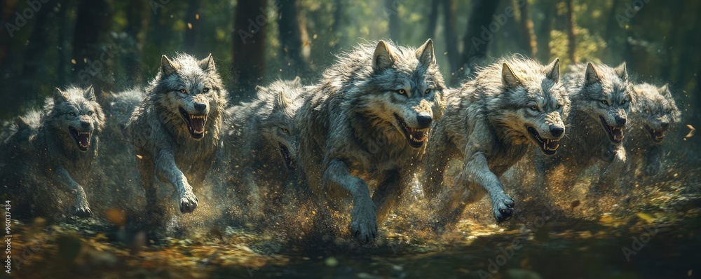 A pack of wolves running through a dense forest, with the alpha leading ...