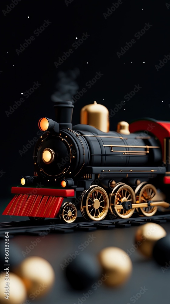 A vibrant 3D cartoon train toy with a red and yellow color scheme sits ...