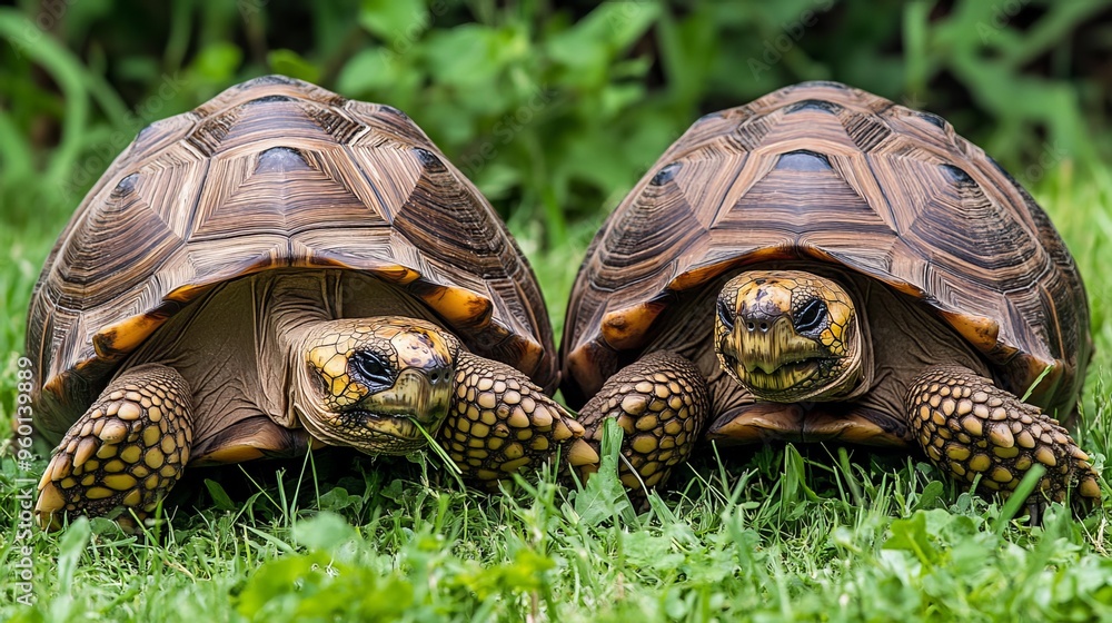 Two African spurred tortoises munch on fresh grass, their massive ...