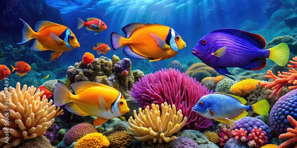 Vibrant orange and blue regal tang, yellow and purple angelfish, and ...