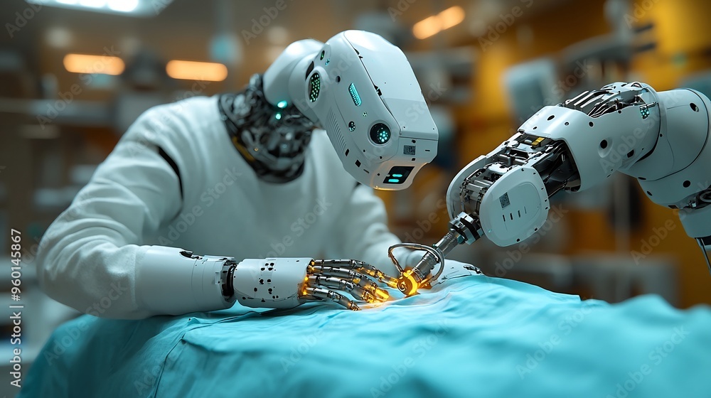 Detailed image of an autonomous surgical robot performing a minimally ...