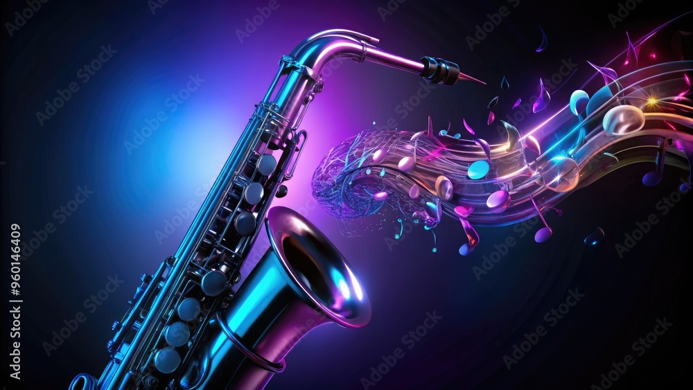 Vibrant purple and blue musical notes swirl around a sleek black ...