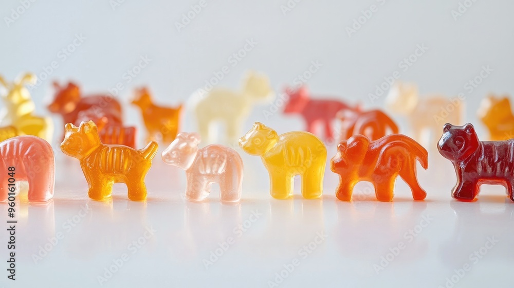 Jelly candies in the shape of animals, each one a different color and ...