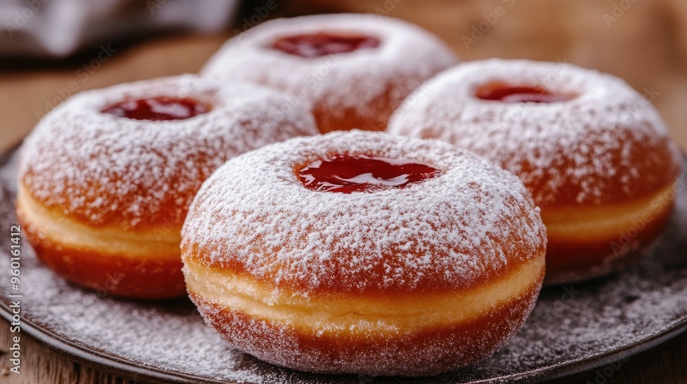 Jelly donuts with the filling oozing out, dusted with powdered sugar ...