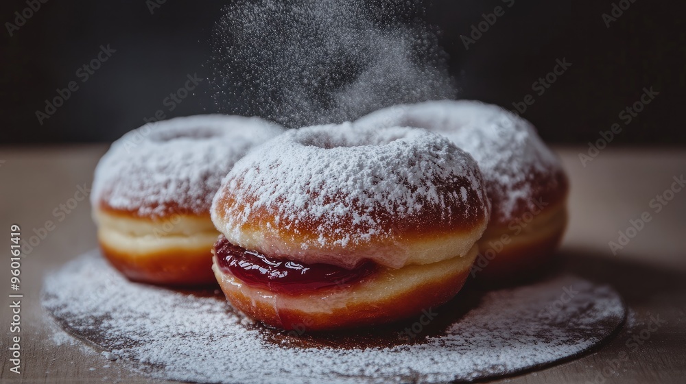 Jelly donuts with the filling oozing out, dusted with powdered sugar ...