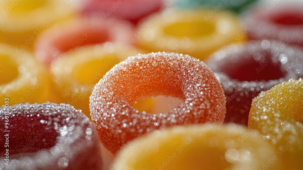 Jelly rings coated in sugar, with a bright, sparkling appearance under ...