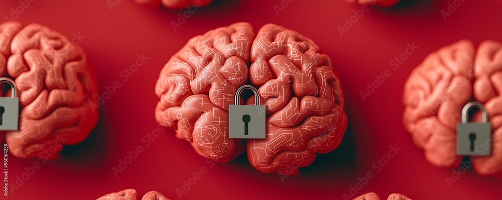 Abstract human brain with digital locks and security firewalls ...