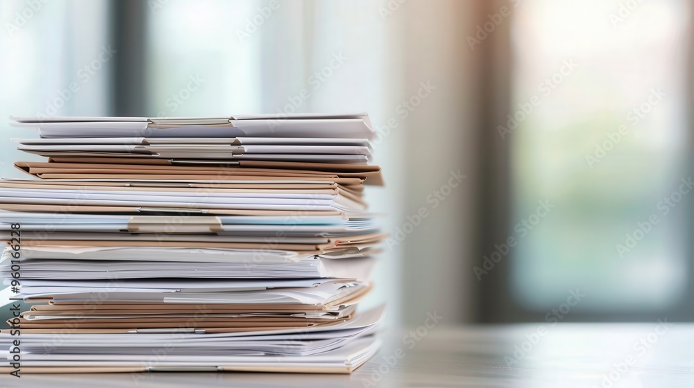 Messy stack of office files, chaotic paperwork scattered, indistinct ...